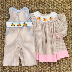 Smocked Turkey Thanksgiving Dress in Tan and Pink! Fall, Bishop Dress ...
