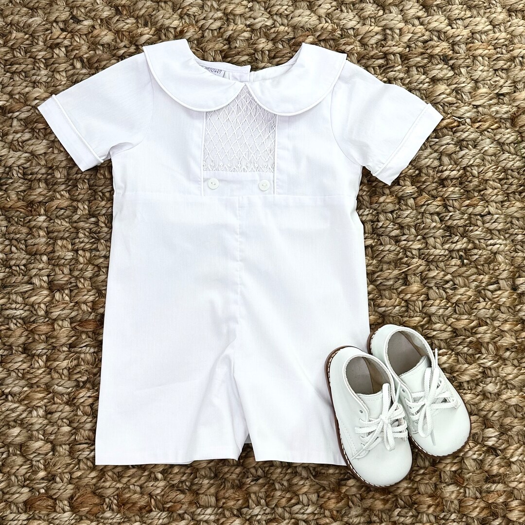 Smocked Button Shortall in White With Buttons ring Bearer, Easter ...