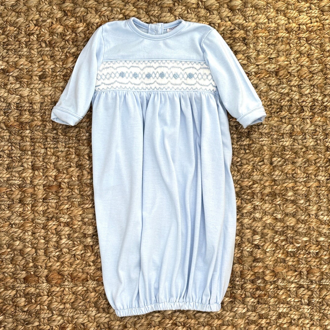 Smocked Layette Baby Gown in Blue - Soft Cotton, Baby Boy, Baby Gift ...