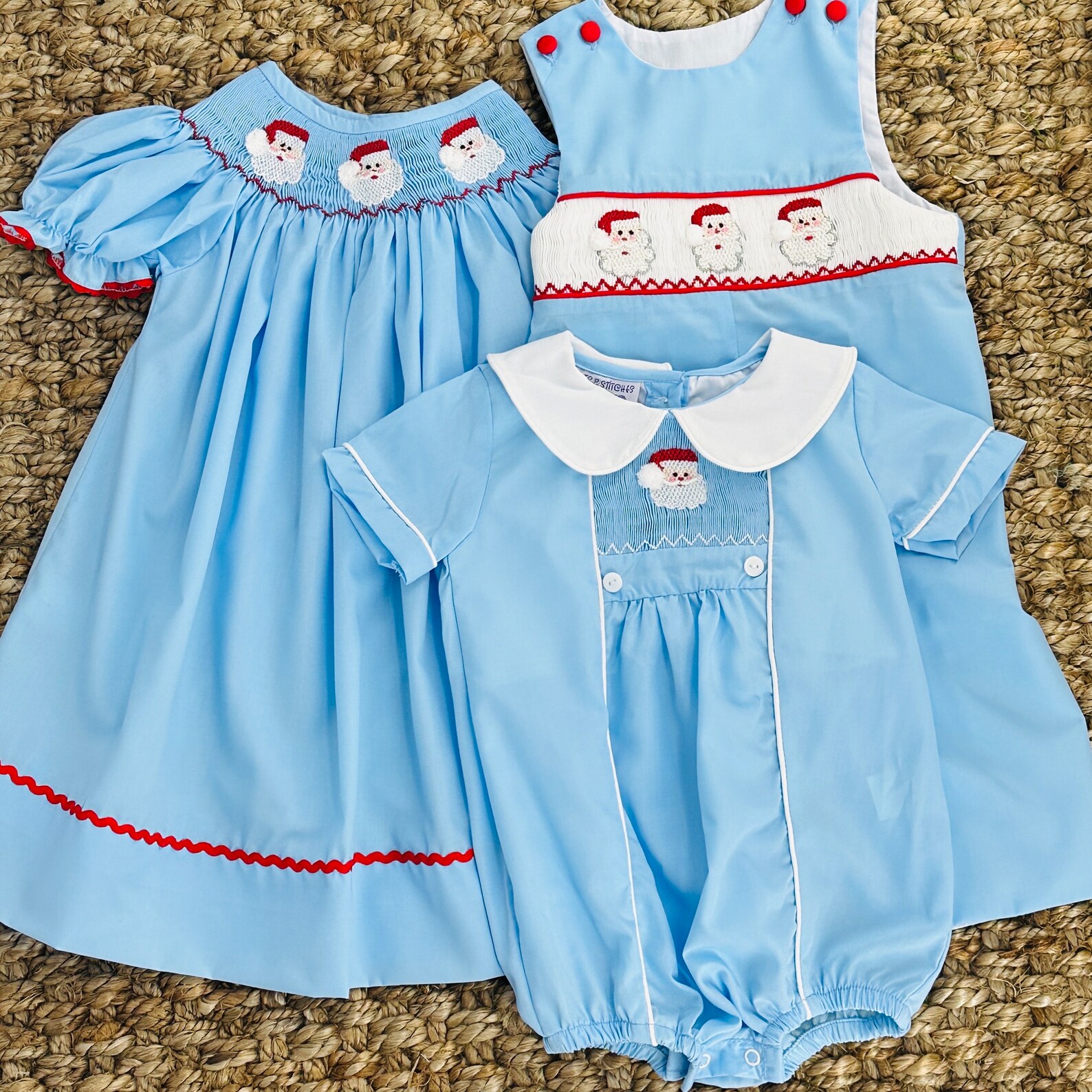 Santa Christmas Dress Smocked on Blue - Bishop Style, Baby Girl ...
