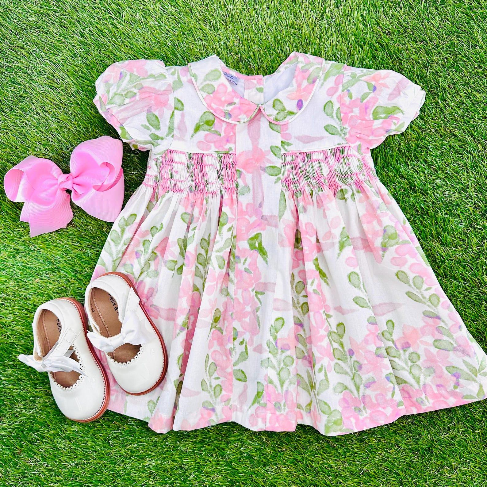 Smocked Charlotte Dress in Watercolor Floral Print - Easter, Pink ...