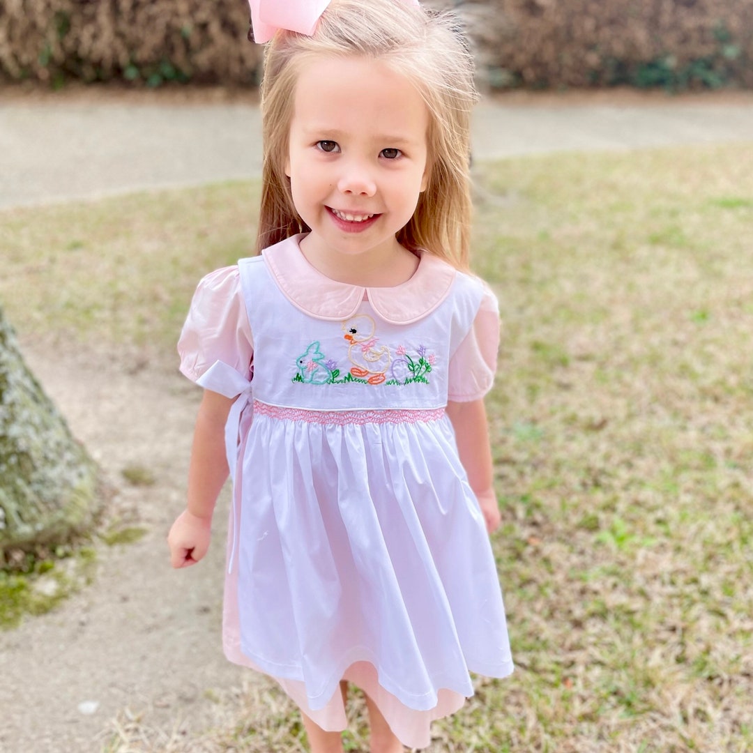 Easter Embroidered and Smocked 2 Piece Chick & Bunnny Dress - Vintage ...