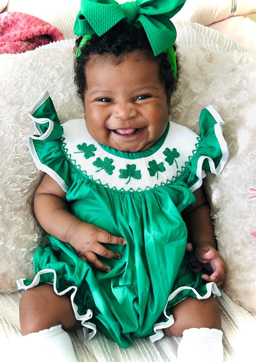 Shamrock Smocked Bubble Romper on Solid Green- St. Patrick's, Flutter ...