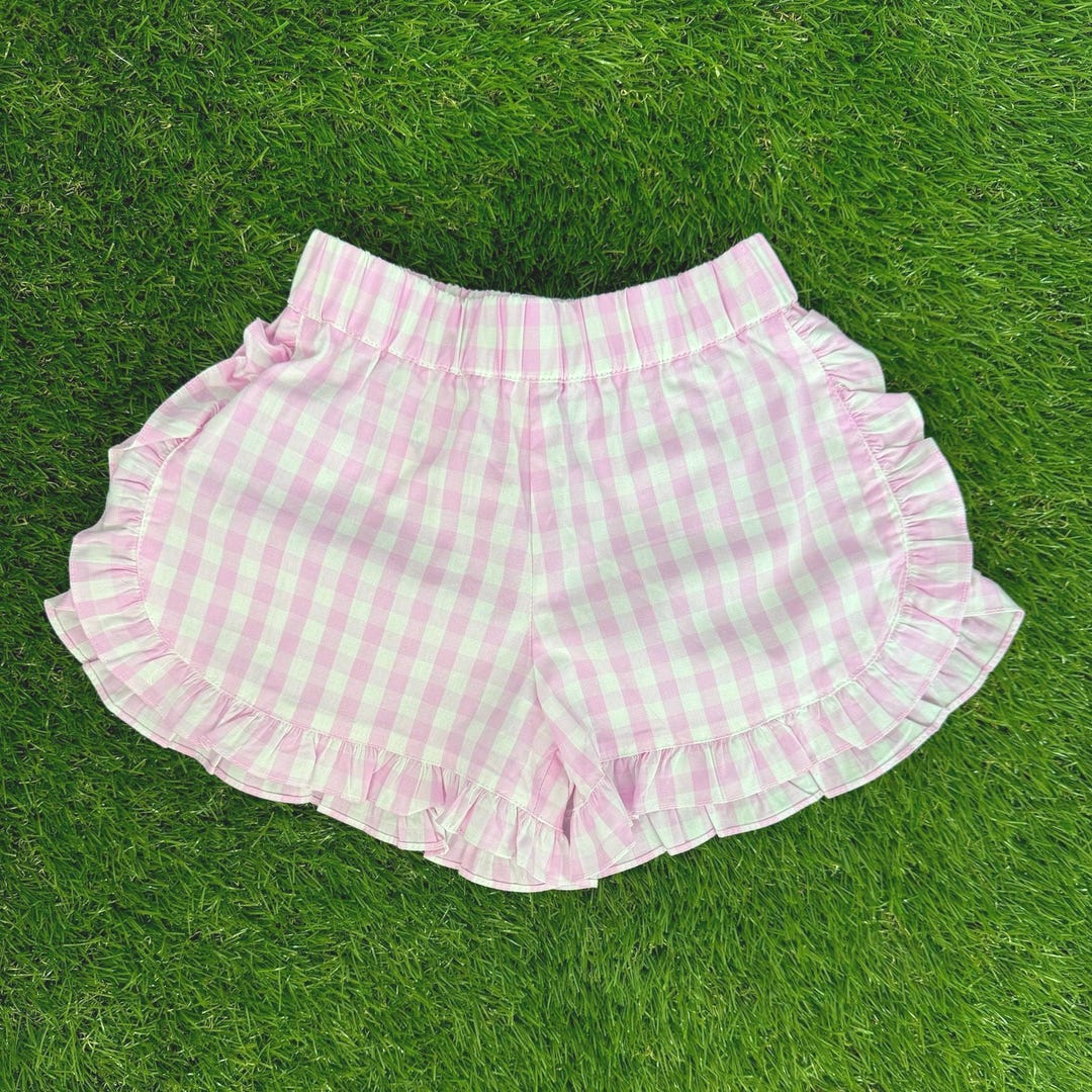 Girl's Shorts in Big Pink Gingham With Ruffles - Matching Shirts ...