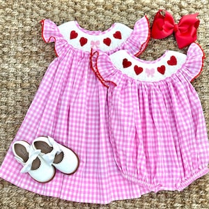 Valentine Smocked Bubble Romper - Red Hearts and Bows on Pink Gingham ...
