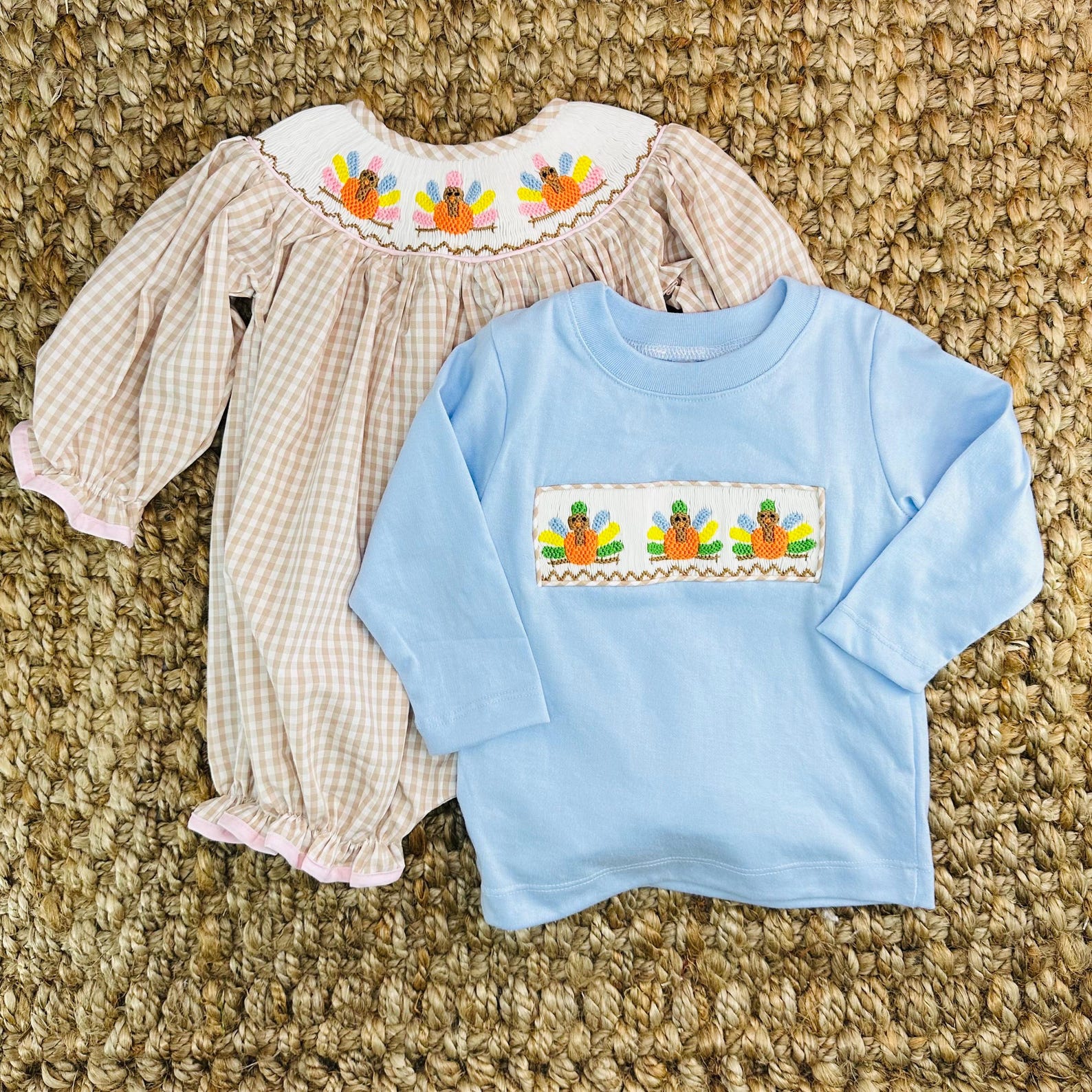 Turkey Smocked Bubble for Thanksgiving - Tan and Pink, Matching Sibling ...