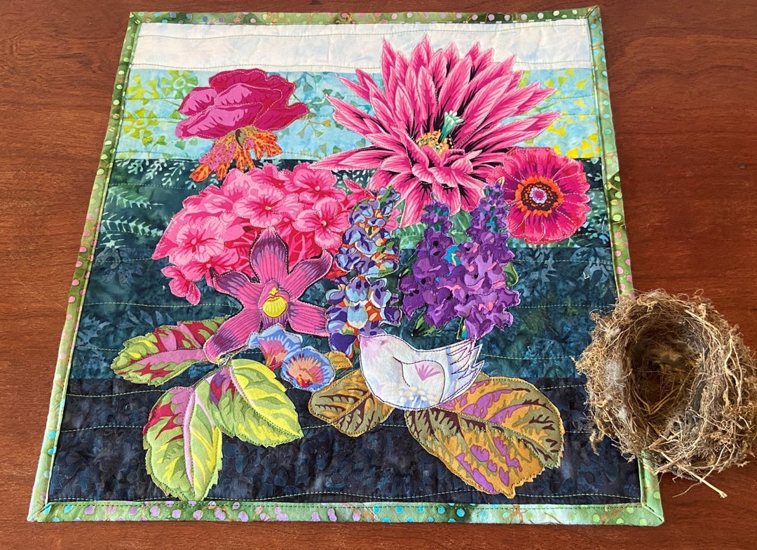Floral Art Quilt: Kaffe Fassett Fabric, Appliqued Bird, Fiber Art - Etsy