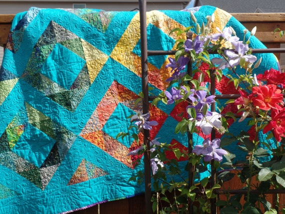 Rainbow Large Lap Batik Art Quilt Scrappy Diamonds - Etsy