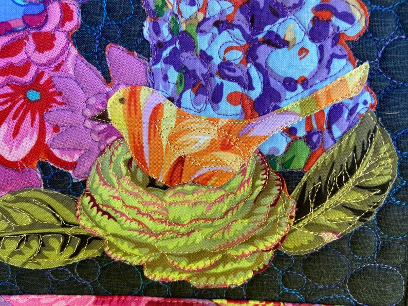 Botanical Art Quilt, Small Bird Fiber Art, Kaffe Fassett Flowers - Etsy