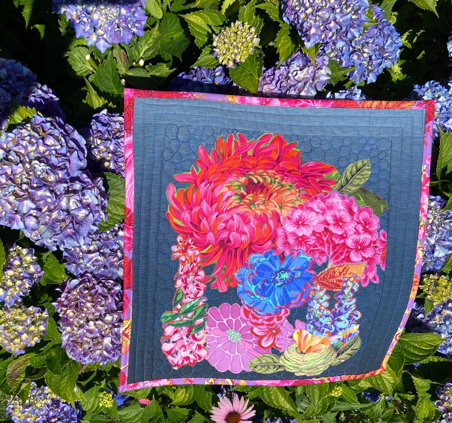 Botanical Art Quilt, Small Bird Fiber Art, Kaffe Fassett Flowers - Etsy