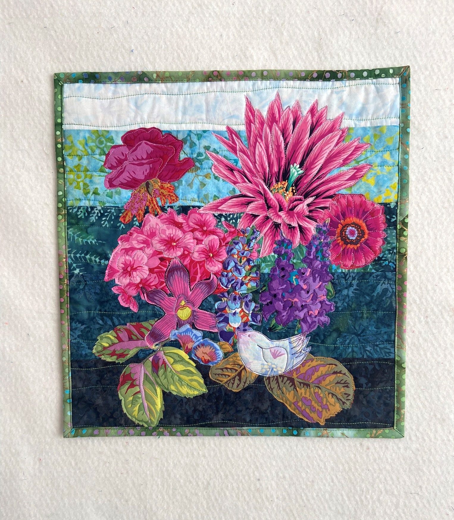 Floral Art Quilt: Kaffe Fassett Fabric, Appliqued Bird, Fiber Art - Etsy
