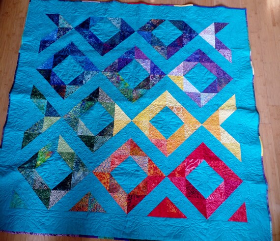 Rainbow Large Lap Batik Art Quilt Scrappy Diamonds | Etsy