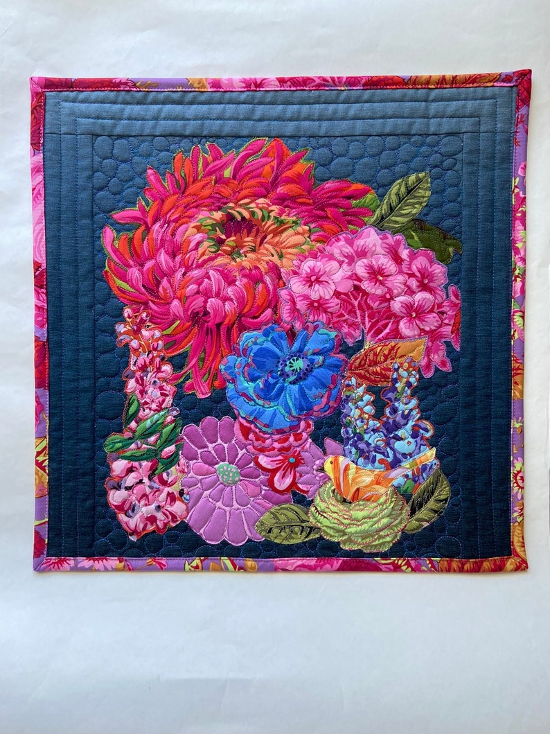 Botanical Art Quilt, Small Bird Fiber Art, Kaffe Fassett Flowers - Etsy