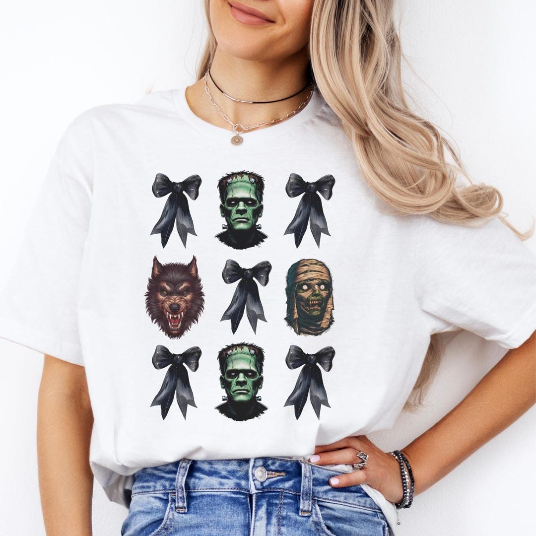 Cute Monster Coquette Tee, Classic Horror, Frankenstein, the Wolfman ...