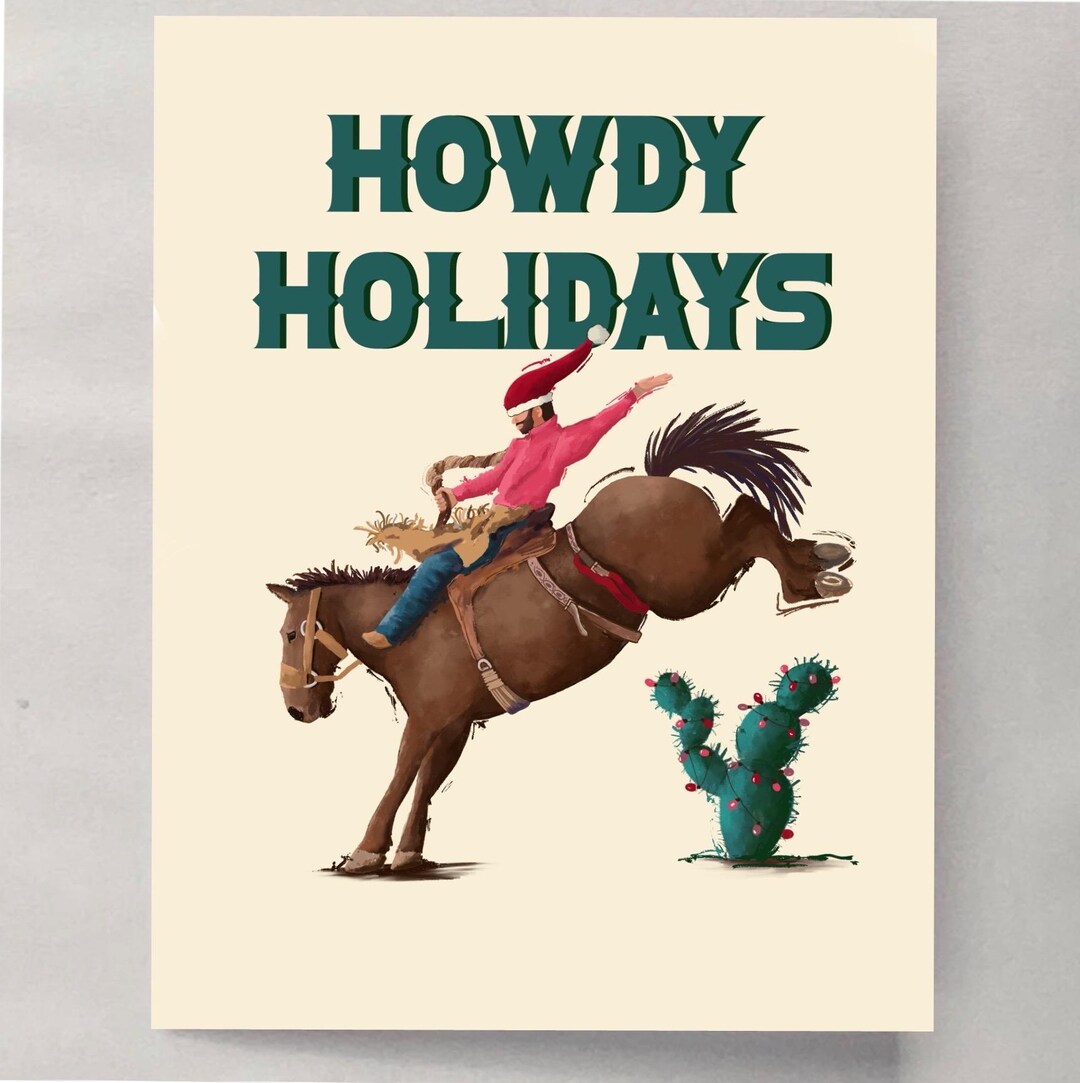 Christmas Card, Western Holiday Card, Howdy Holidays, Cowboy With Santa ...