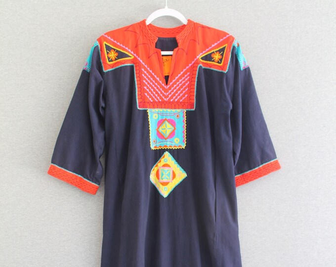 1970s JOSEFA Mexican Designer cotton Kaftan Embroidered Color Blocked ...