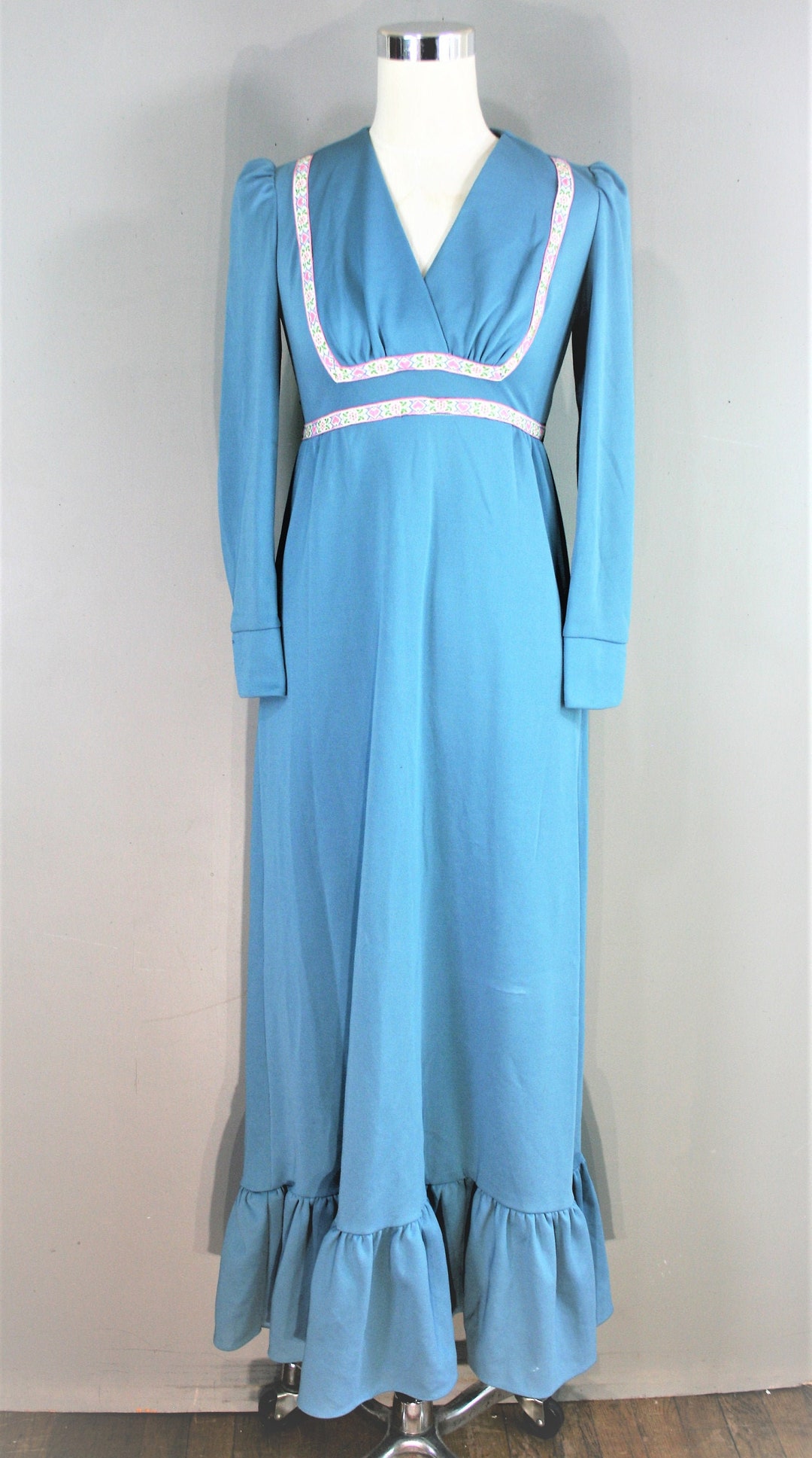 Blue Boo - 1970s - Prairie Style - Polyester Knit Dress - Estimated ...