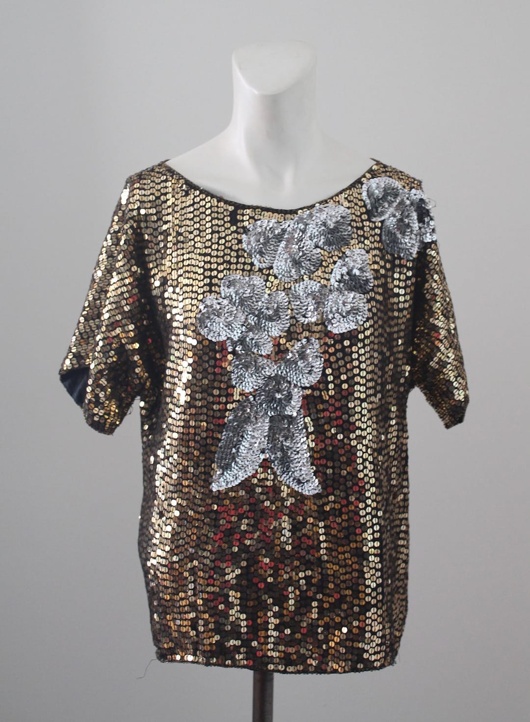 Silver and Gold Floral Sequined Top - Medium - Size 8 - Size 10 - Etsy