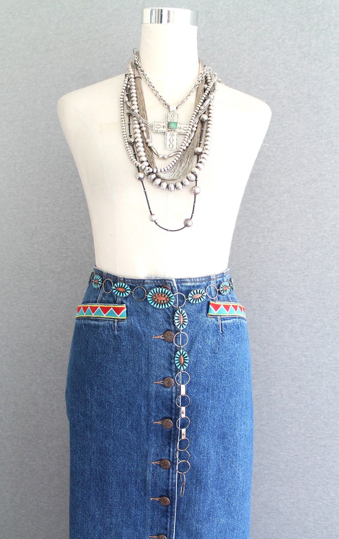 1980s Hairston Roberson ROPA Denim Skirt Native American Trim Marked ...