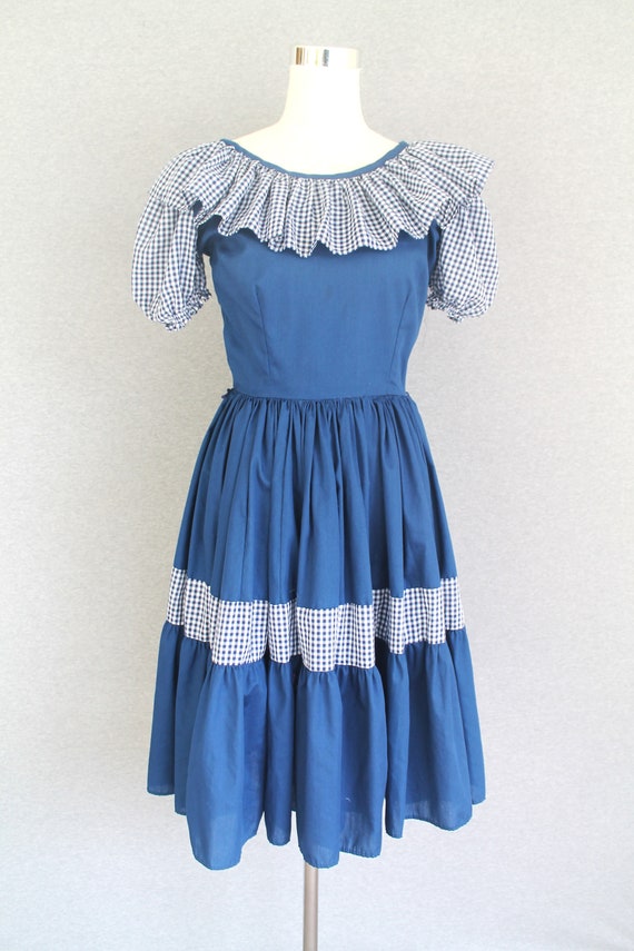 H Bar C 1960 70s Blue Gingham Square Dance Gem