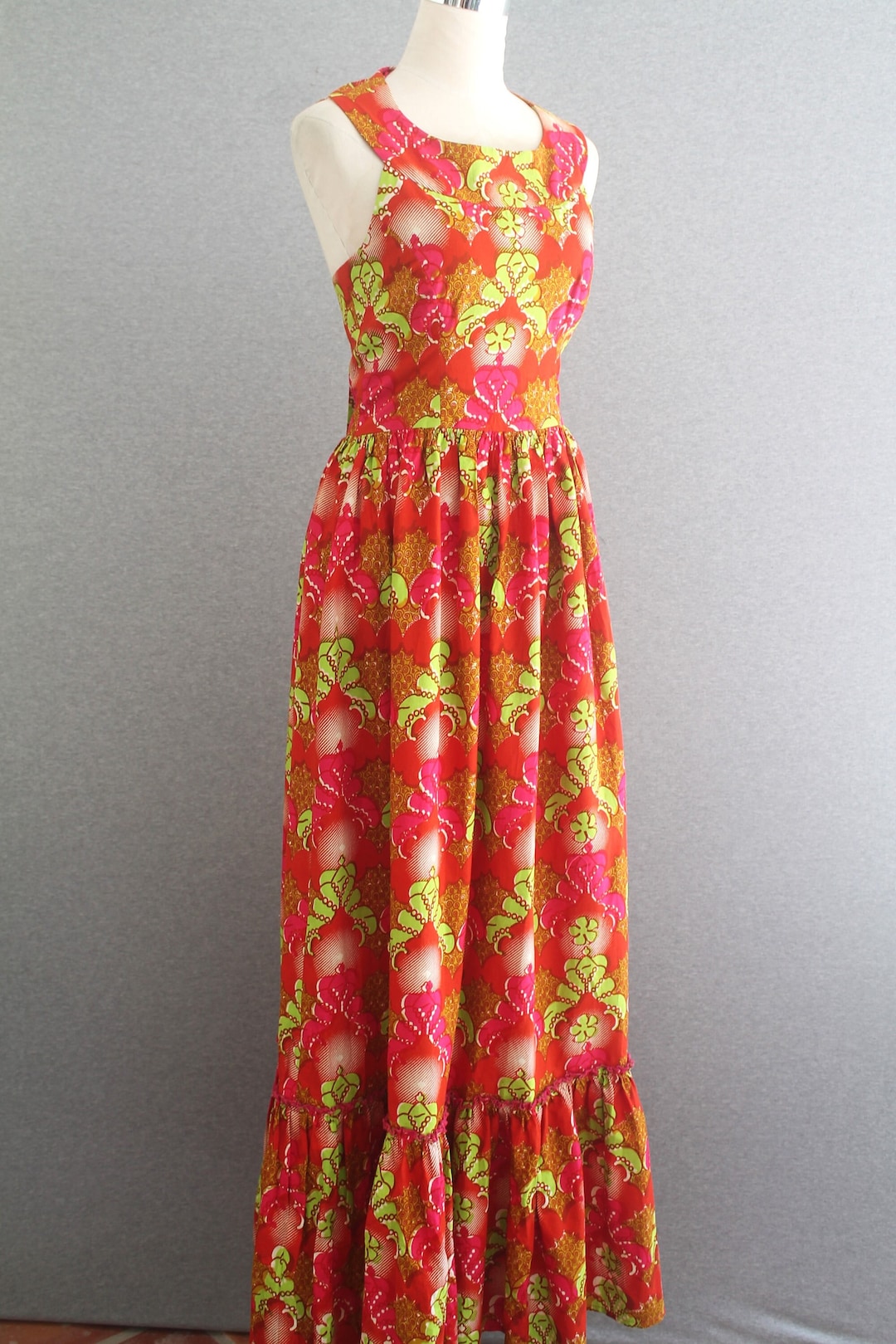 Halter - Maxi - African Print - Tropical - Pink /green - Cotton ...