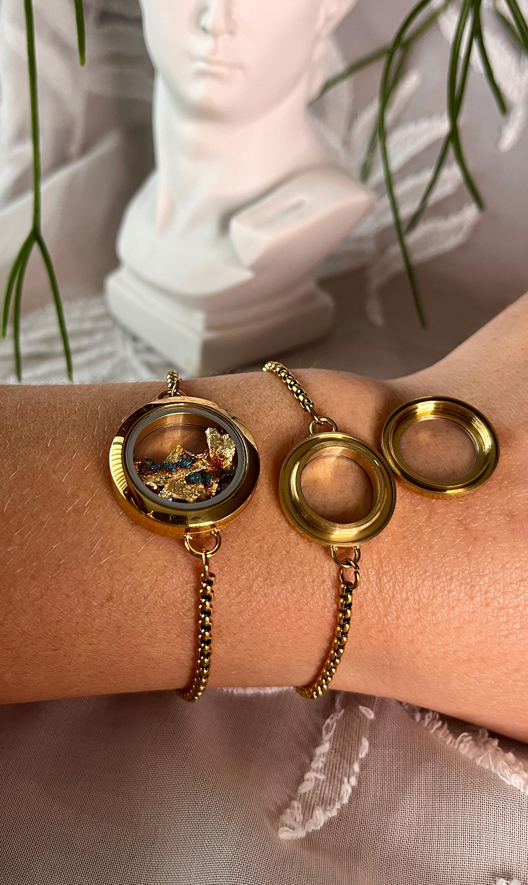 Gold Glass Floating Locket Adjustable Stainless Bracelet Keepsake ...