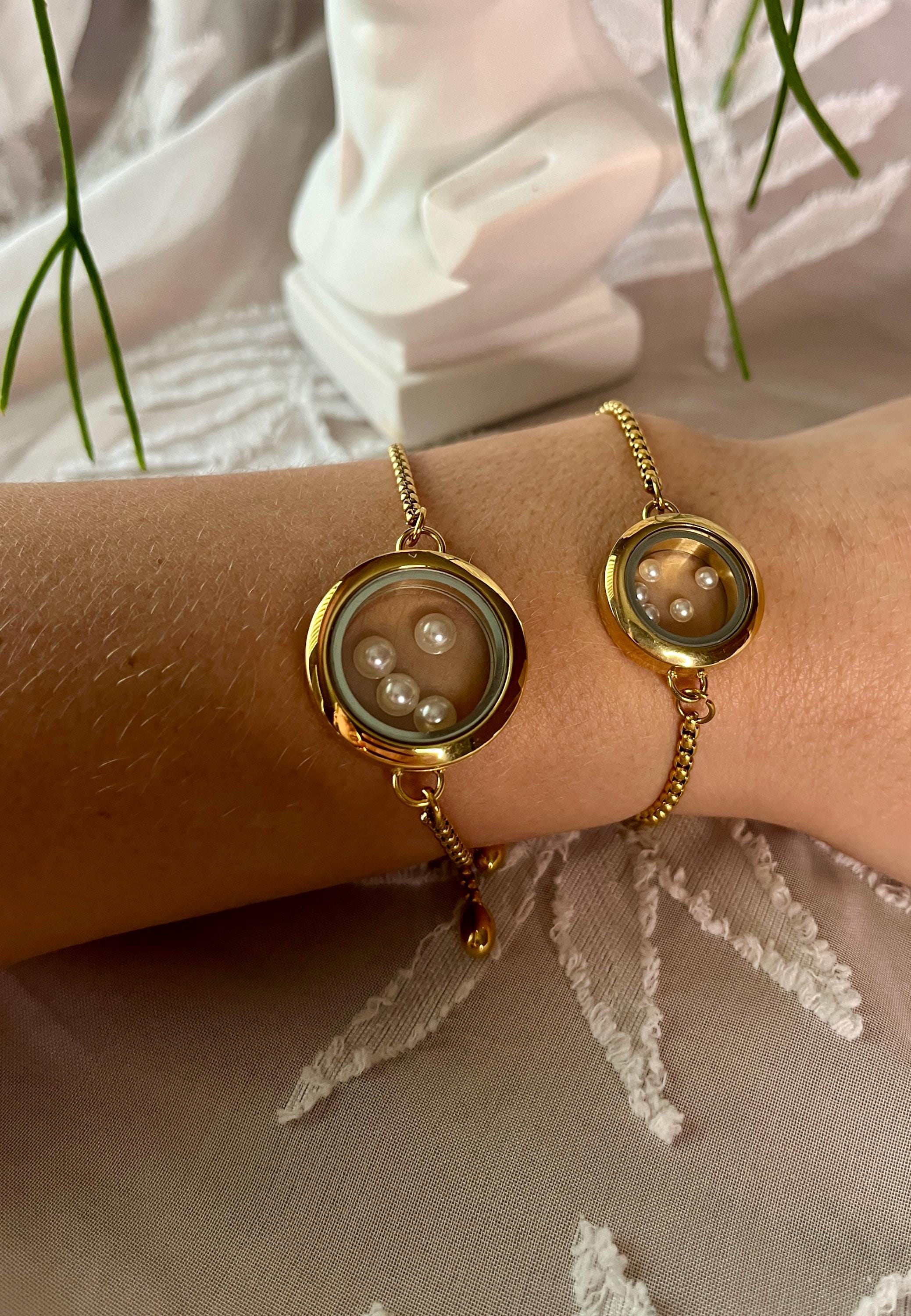 Gold Glass Floating Locket Adjustable Stainless Bracelet Keepsake ...
