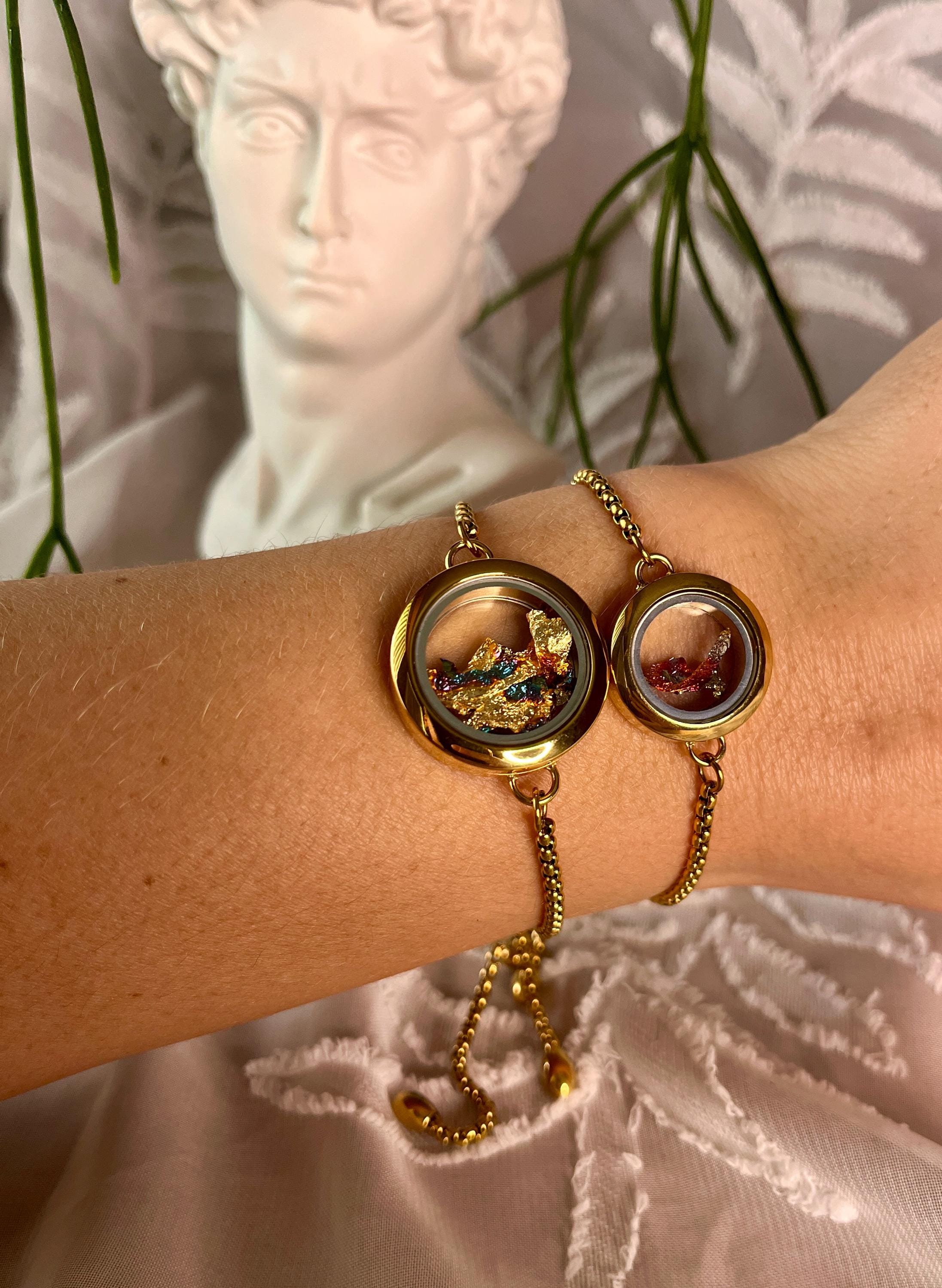 Gold Glass Floating Locket Adjustable Stainless Bracelet Keepsake ...