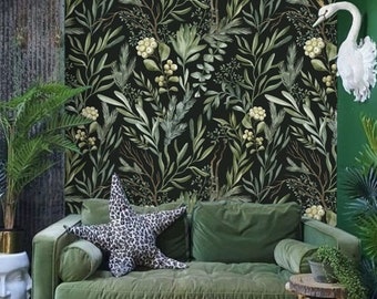 Dark Green Botanical Wallpaper - Etsy