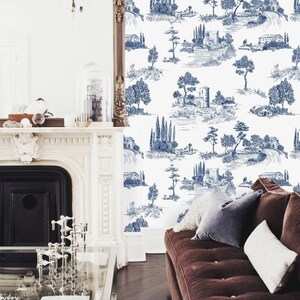 Blue French Toile De Jouy Wallpaper, Removable Peel and Stick Prepasted ...