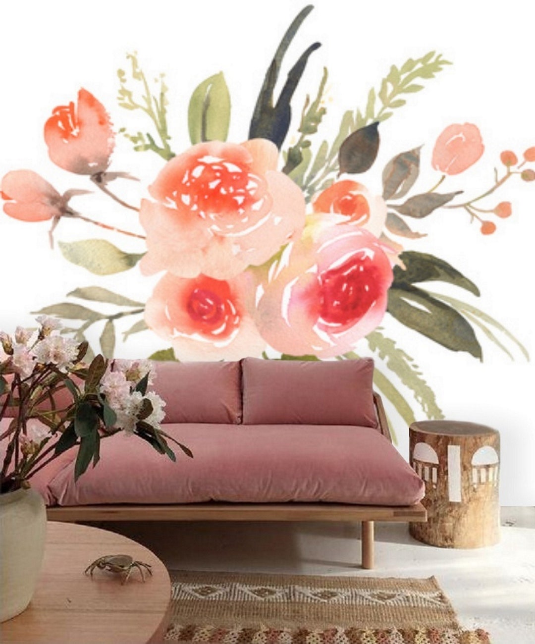 Rose Floral Wallpaper Watercolor Rose Wallpaper Flower Wall Mural Pink ...