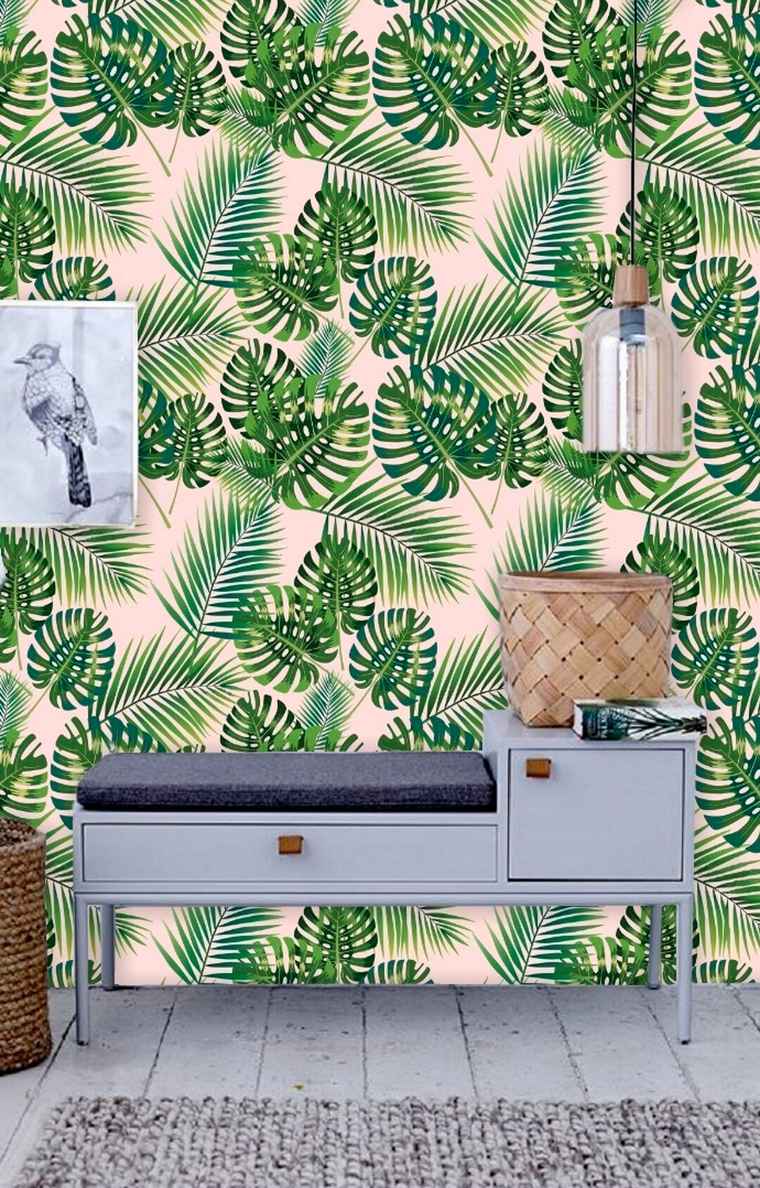 Palm Fronds Wallpaper, Pink Monstera Wallpaper, Palm Wallpaper Peel and ...