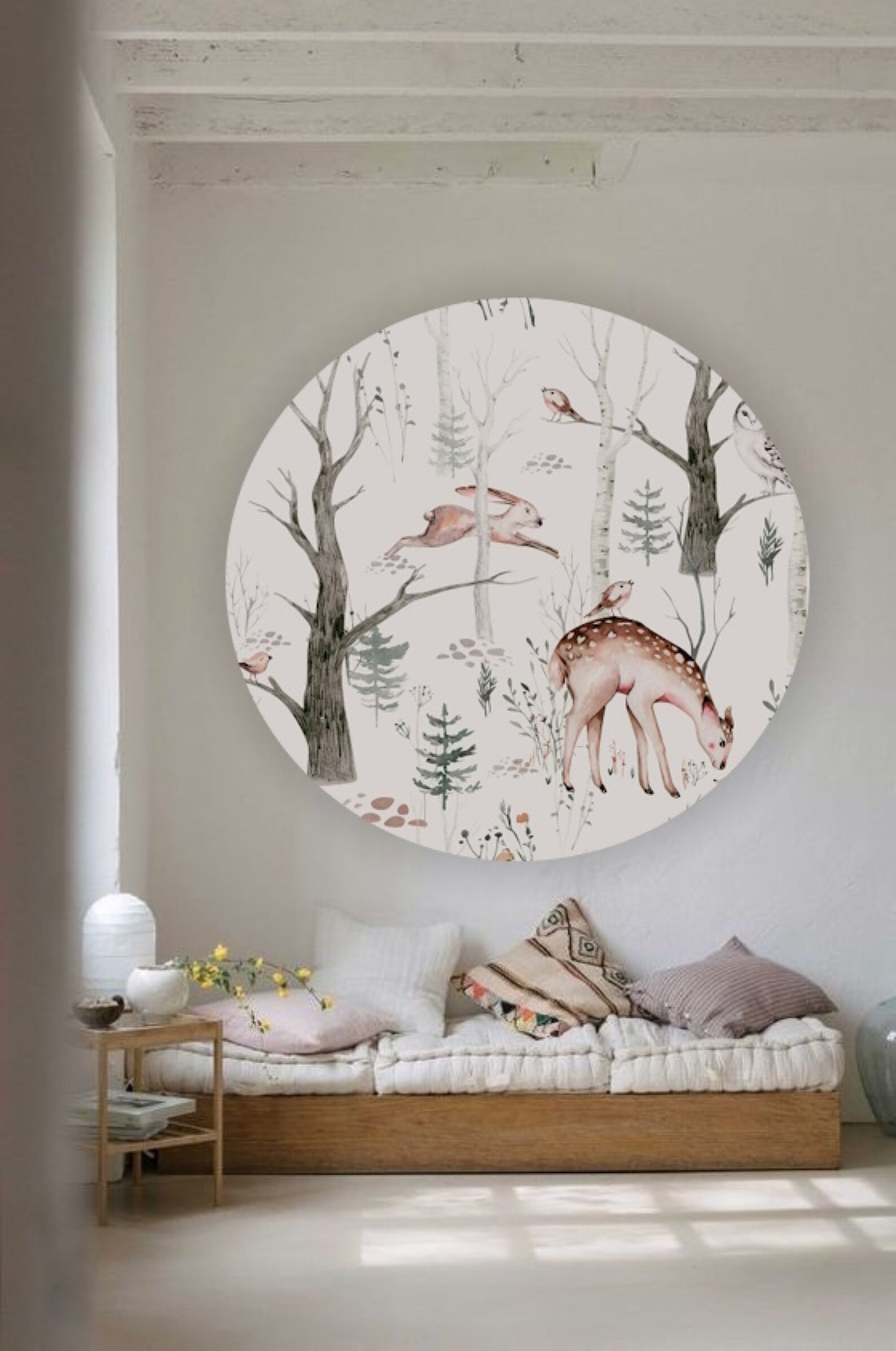 Deer Woodland Nursery Circle Wall Decal, Forest Friends Round Wallpaper ...