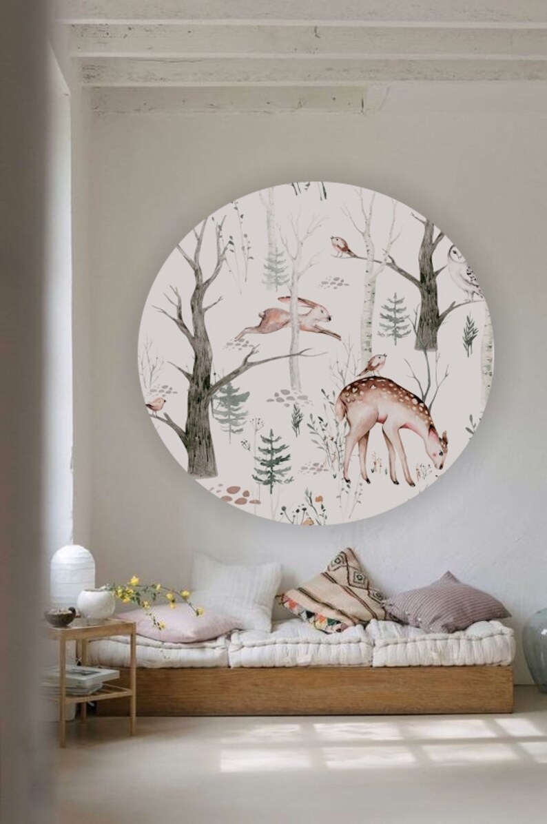 Deer Woodland Nursery Circle Wall Decal, Forest Friends Round Wallpaper ...