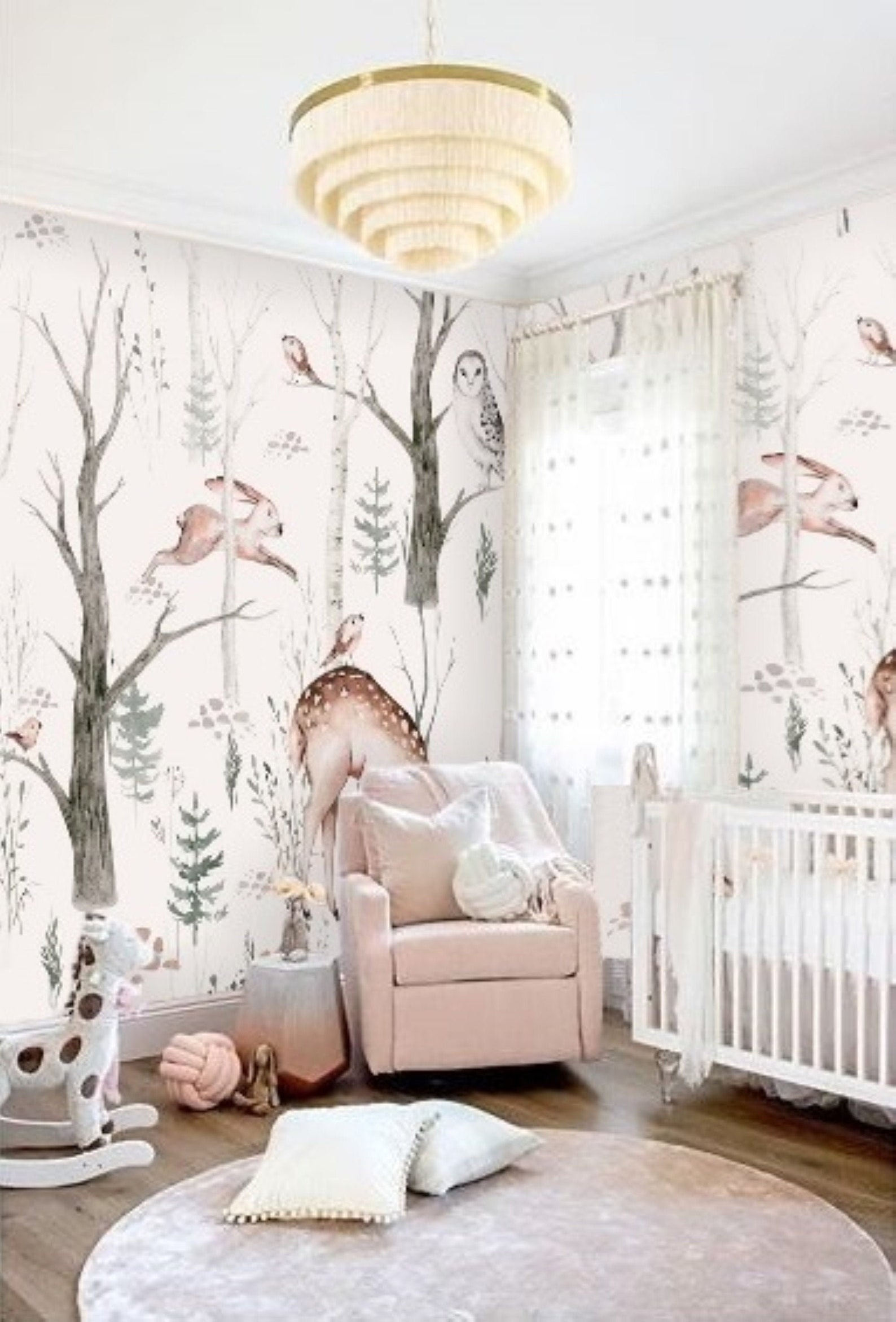 Watercolor Woodland Forest Wallpaper Animals Mural, Removable Peel and ...