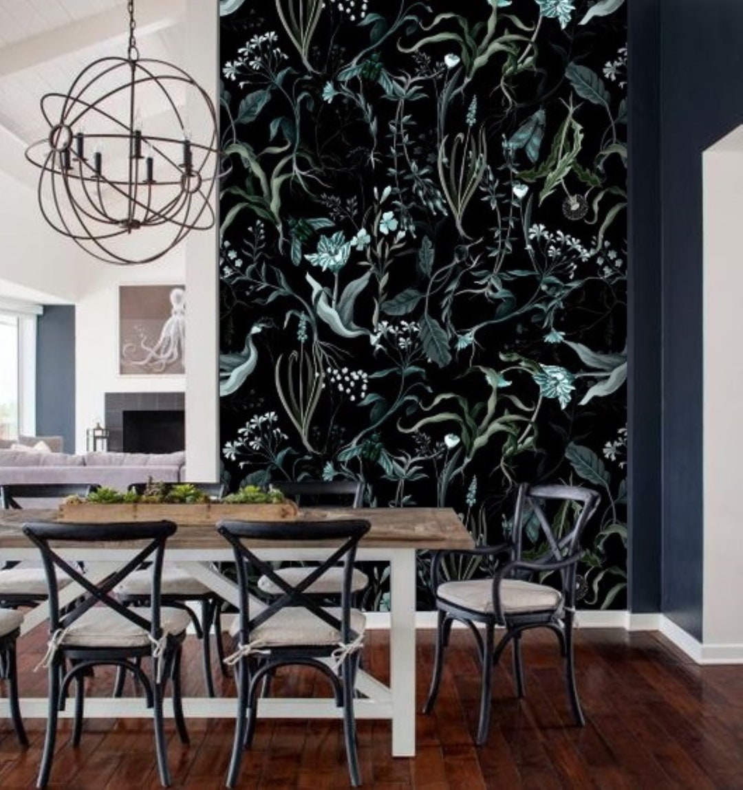 Black Botanical Wallpaper Dark Blue Wallpaper Vintage Botanical Plants ...