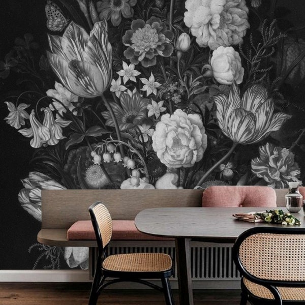 Black and White Floral Wallpaper - Etsy