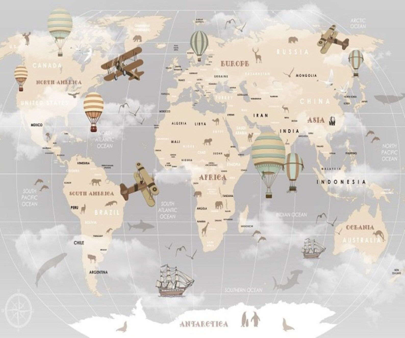 Animal World Map Wallpaper Mural, Removable Peel and Stick Prepasted ...