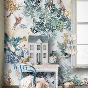 Watercolor Tree Branch Wallpaper With Birds and Leaves in Blue Green ...