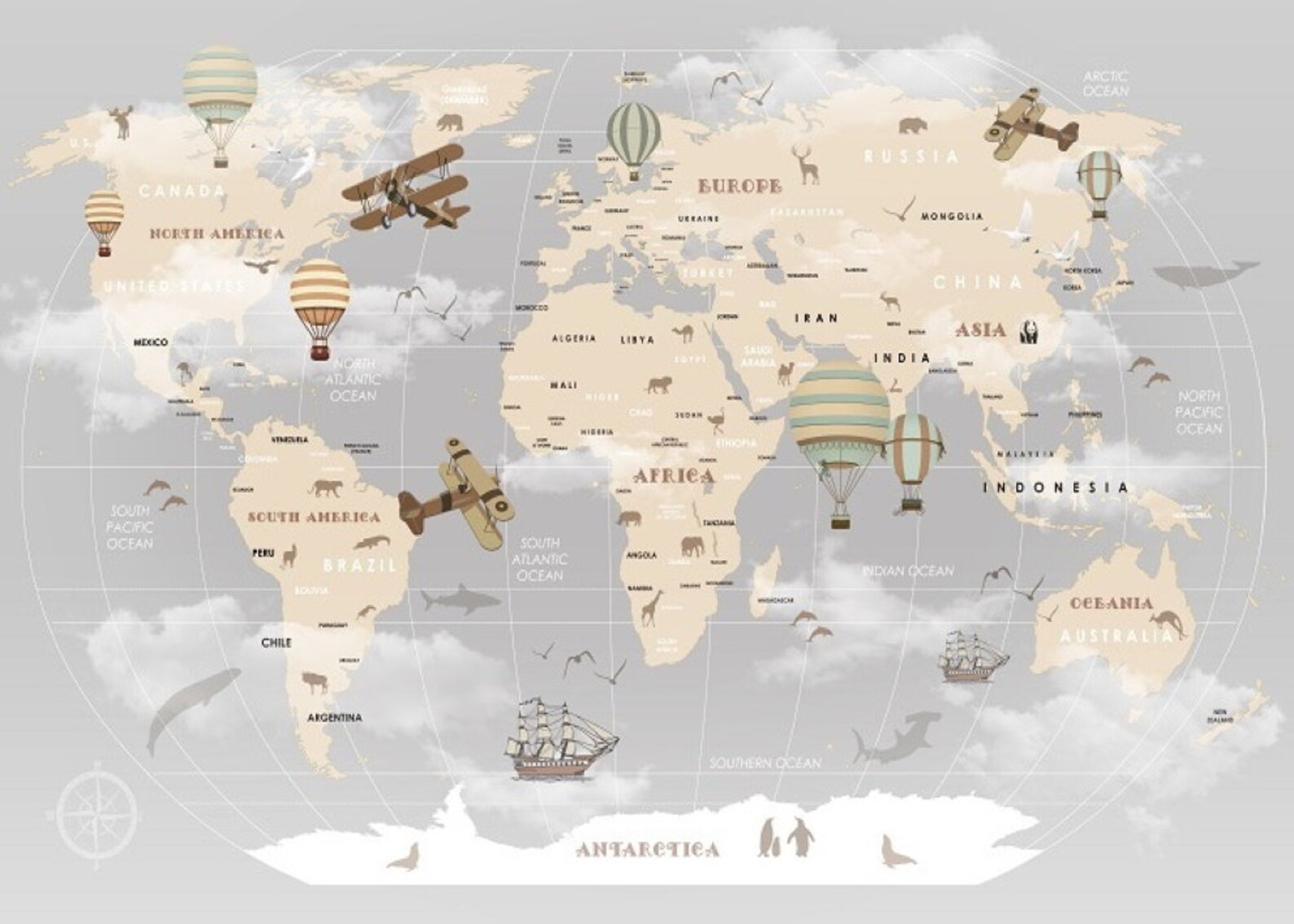 Animal World Map Wallpaper Mural, Removable Peel and Stick Prepasted ...