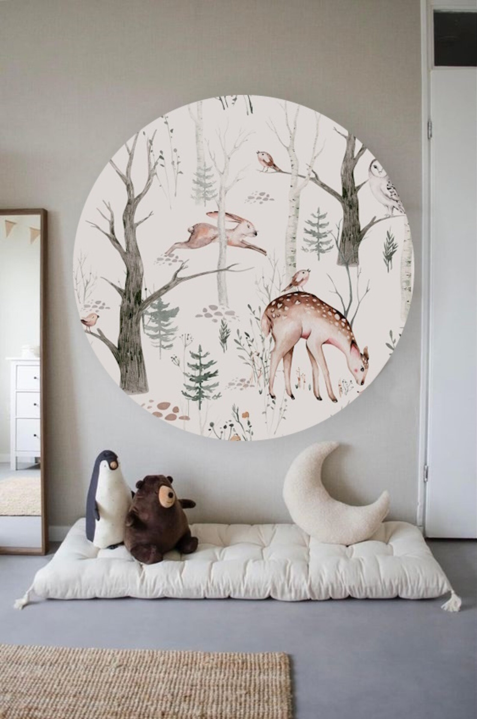 Deer Woodland Nursery Circle Wall Decal, Forest Friends Round Wallpaper ...