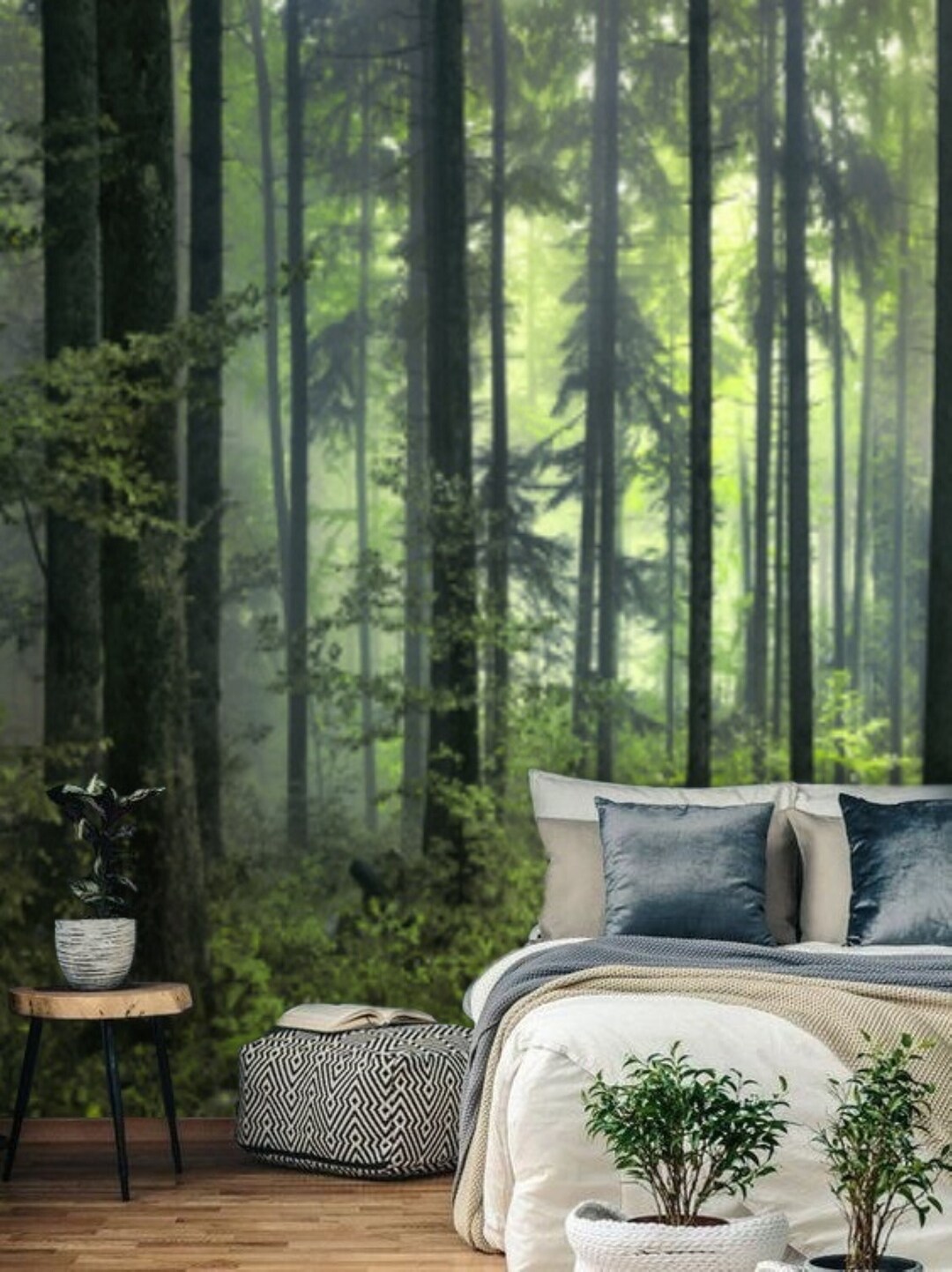 Dark Green Misty Forest Wall Mural Wallpaper, Peel and Stick Forest ...