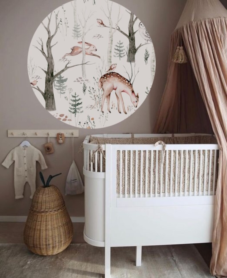 Deer Woodland Nursery Circle Wall Decal, Forest Friends Round Wallpaper ...