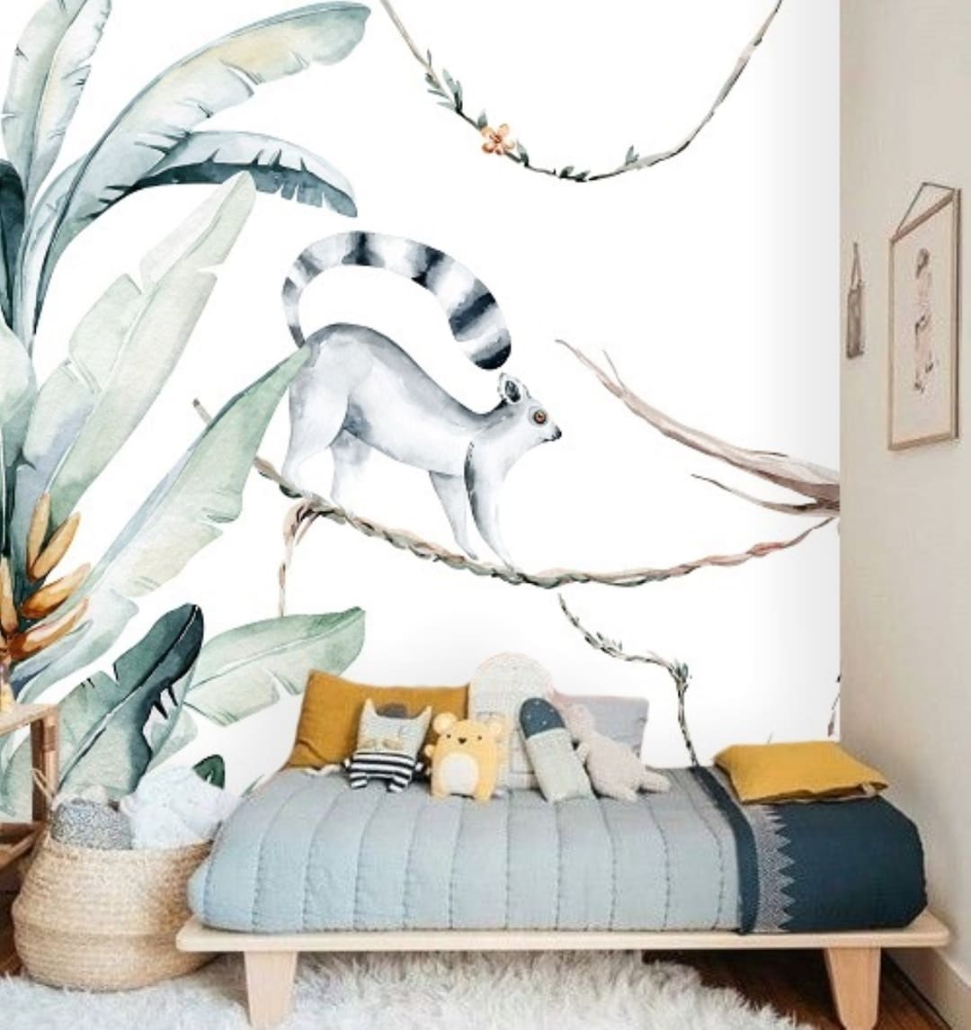 Lemur Banana Leaf Jungle Wall Mural Landscape, Removable Peel and Stick ...