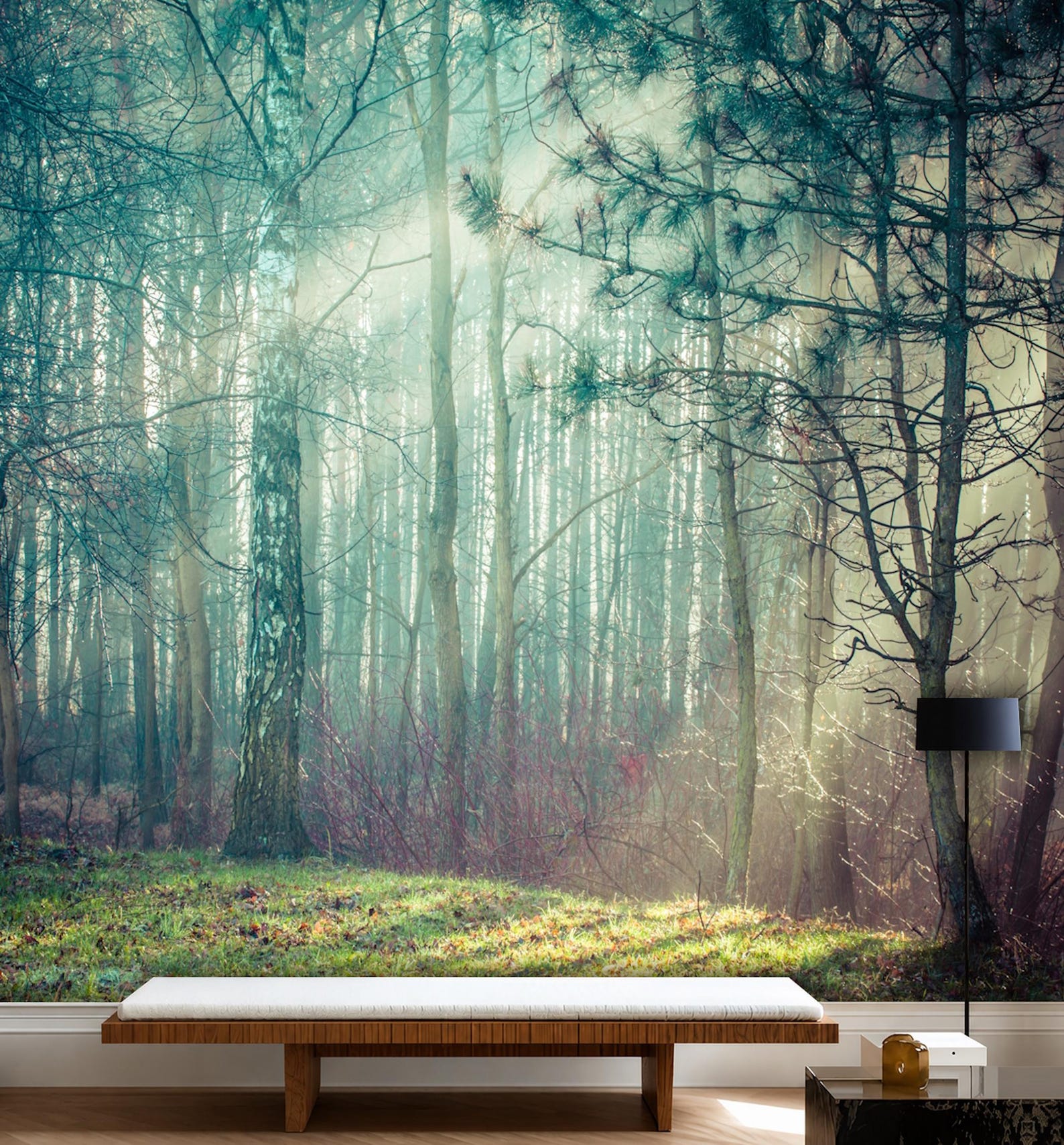 Sunlit Blue Misty Forest Wall Mural, Foggy Woodland Wallpaper, Peel and ...