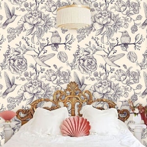 Vintage Birds Floral Toile Wallpaper, Removable Peel and Stick ...