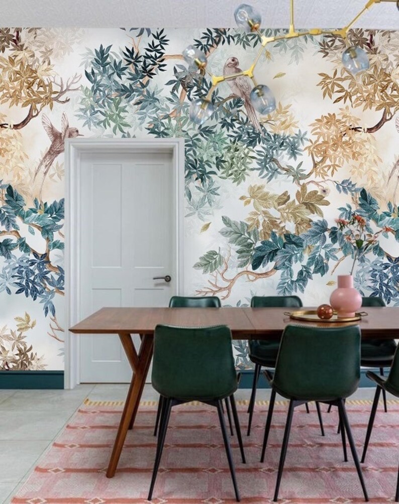 Watercolor Tree Branch Wallpaper With Birds and Leaves in Blue Green ...