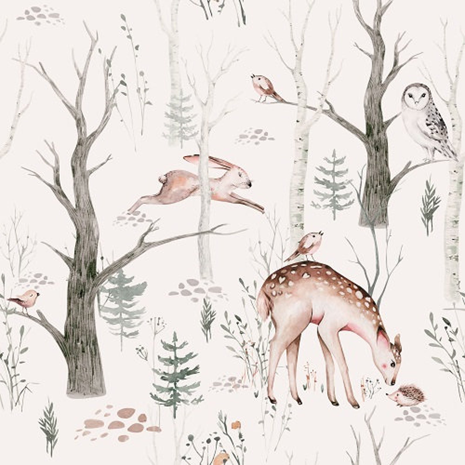 Watercolor Woodland Forest Wallpaper Animals Mural, Removable Peel and ...