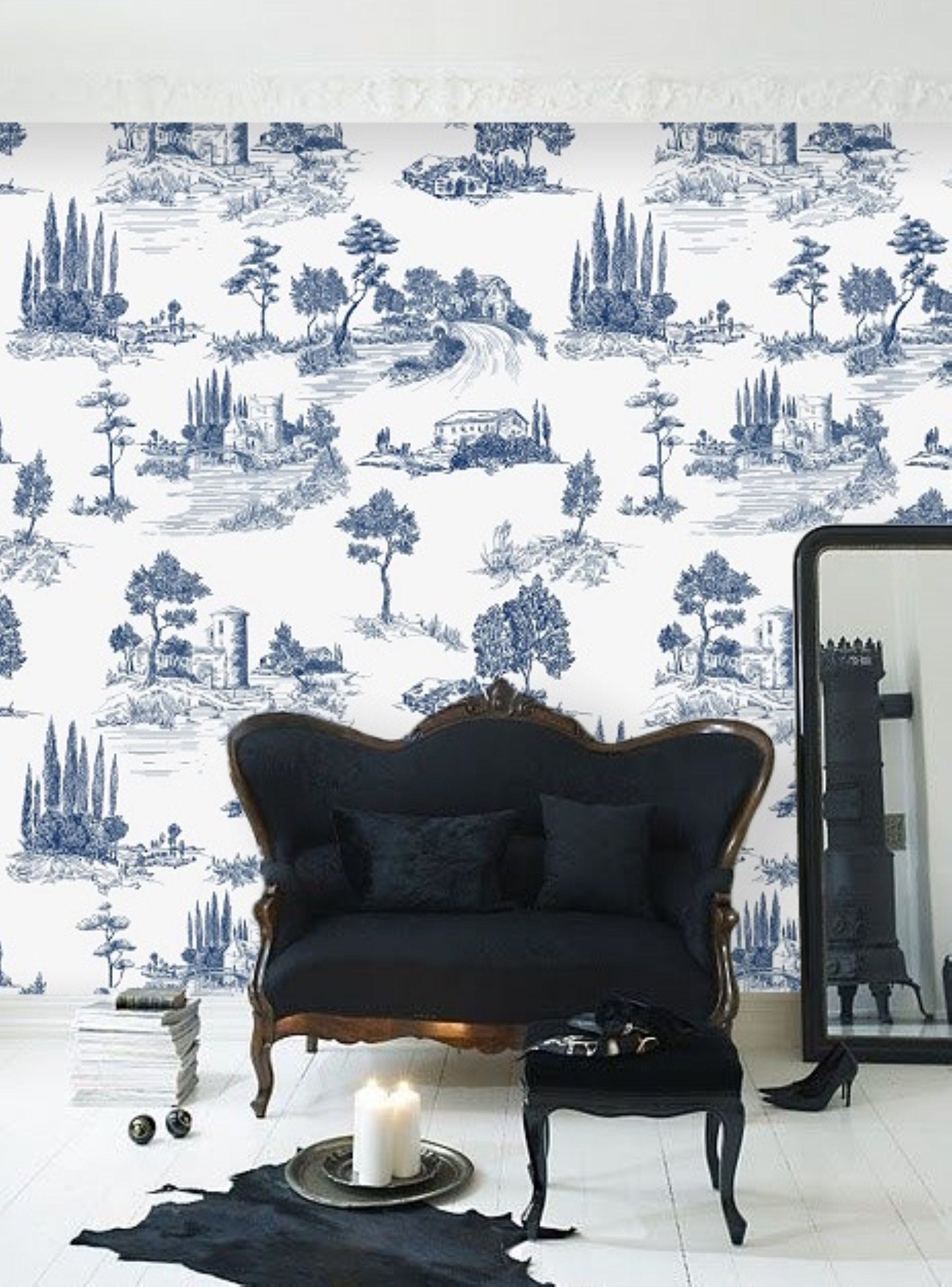Blue French Toile De Jouy Wallpaper, Removable Peel and Stick Prepasted ...
