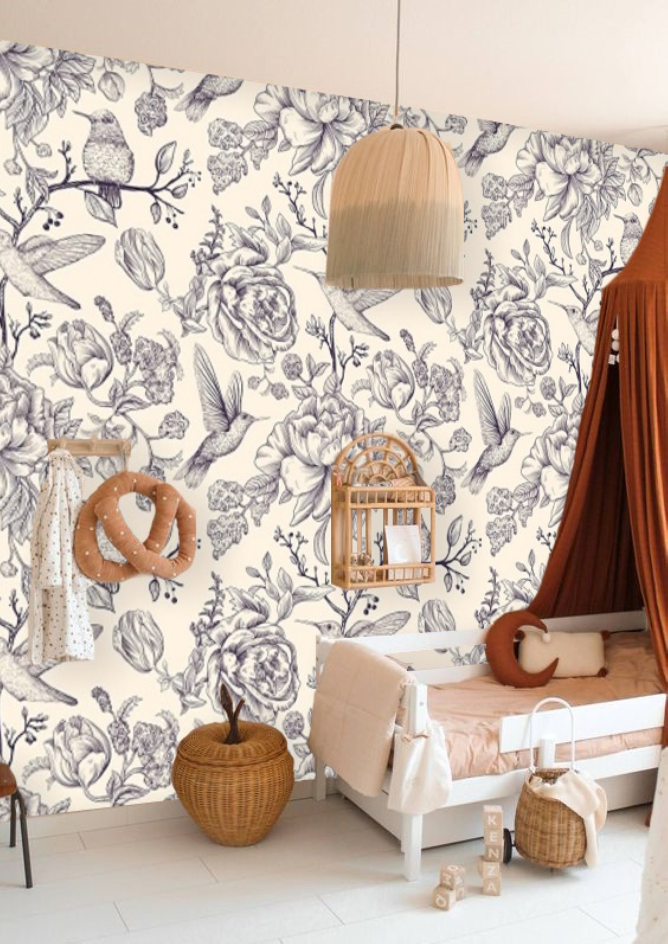 Vintage Birds Floral Toile Wallpaper, Removable Peel and Stick ...